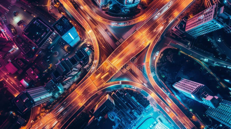An Aerial View of an Expressway Top View, a Road Intersection at Night ...