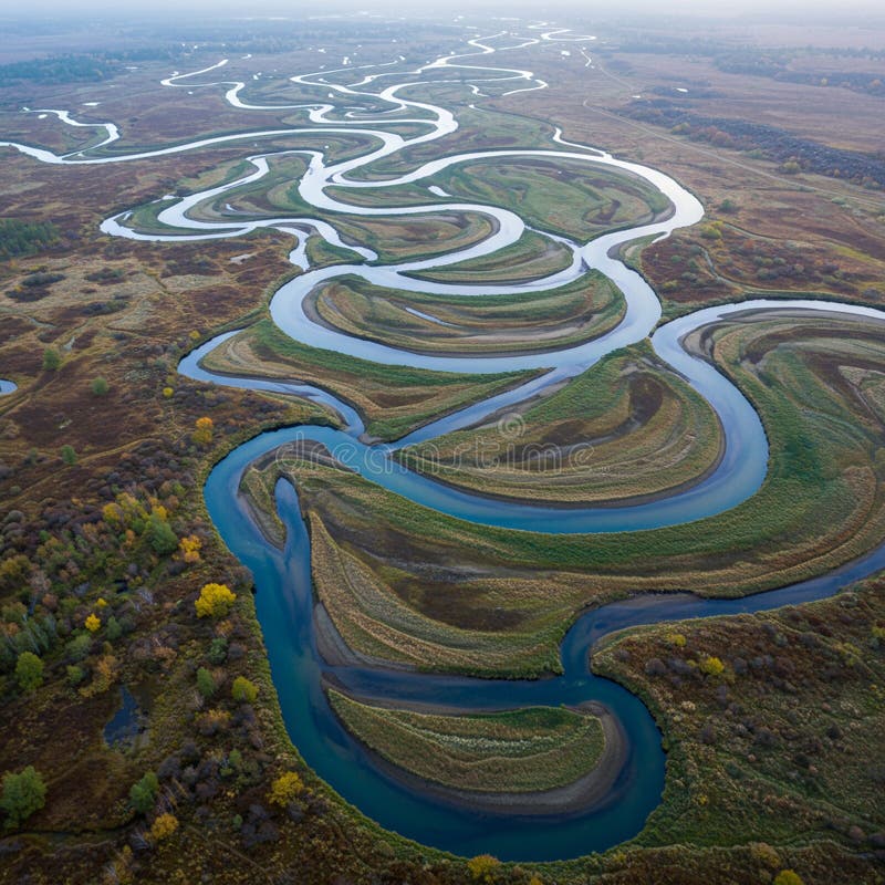 Aerial View of an Extensive Meandering River Winding through a Flat ...