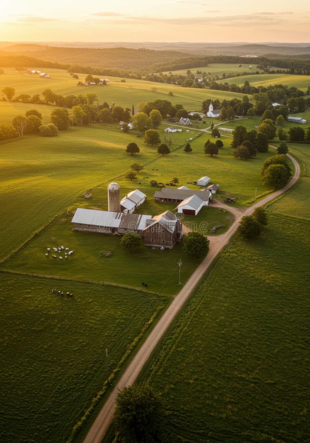 Aerial View of Farm at Sunset Stock Illustration - Illustration of ...