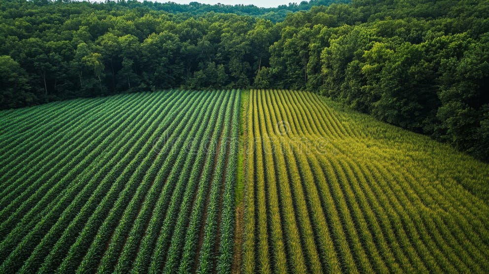 Aerial View of a Farm with Two Distinct Crop Fields and a Forest Border ...