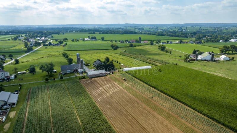 Aerial View of Farmland with Crops, Barns, and Silos Stock Photo ...