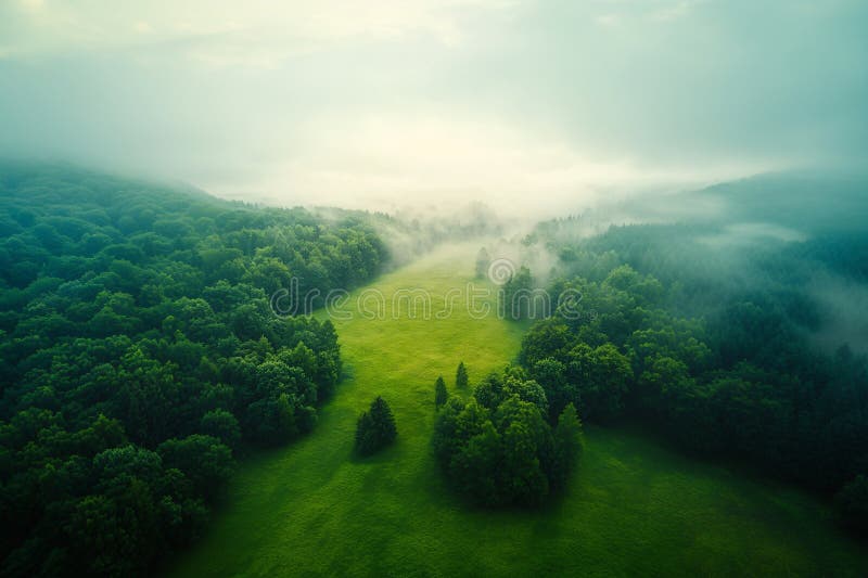 Aerial View of Field and Forest in the Fog Stock Illustration ...