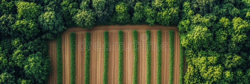 Aerial View of a Field Showcasing Tree Rows and a Tractor Working the ...
