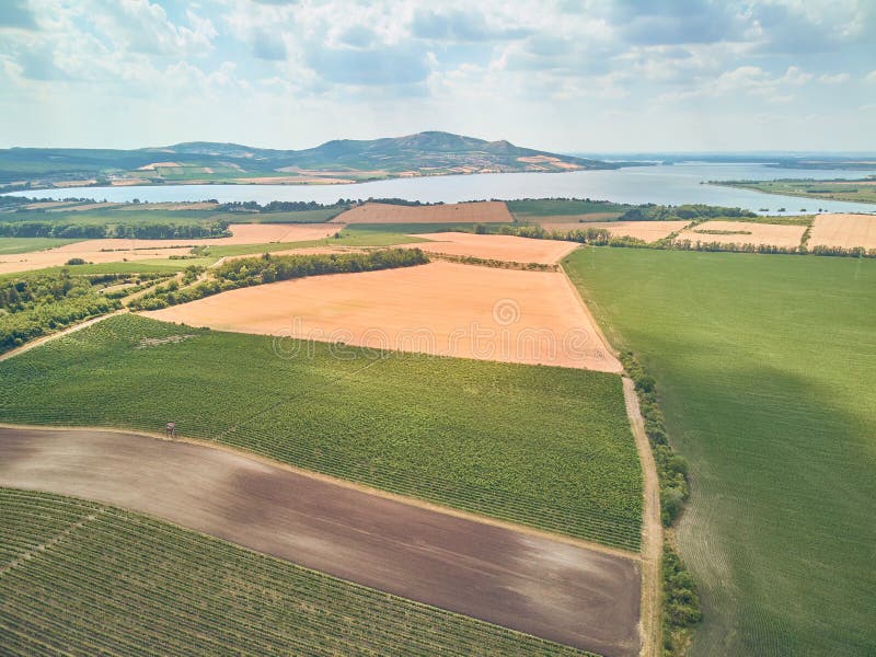 Aerial View of Fields River and Mountains Stock Photo - Image of ...