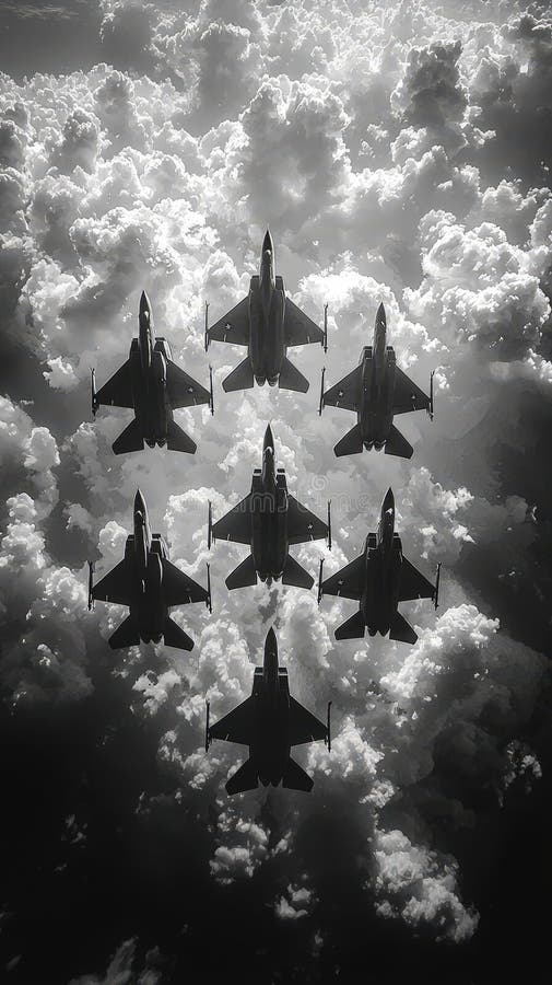 Aerial View of Fighter Jets in Formation Over Dense Clouds Stock Photo ...