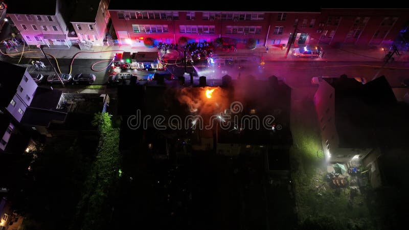 Aerial View of Fire Trucks and Apparatus on Scene of Structure Fire ...