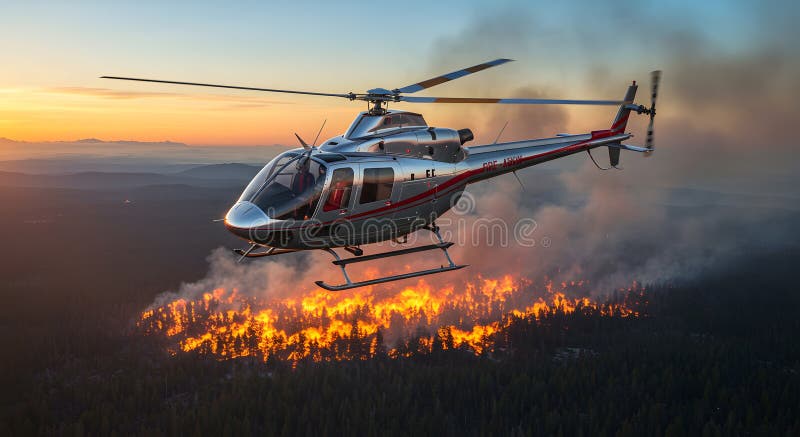 Aerial View of Firefighting Helicopter Battling Wildfire at Sunset ...