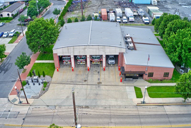 Aerial View of a Firehouse with Fire Engines Inside Stock Photo - Image ...