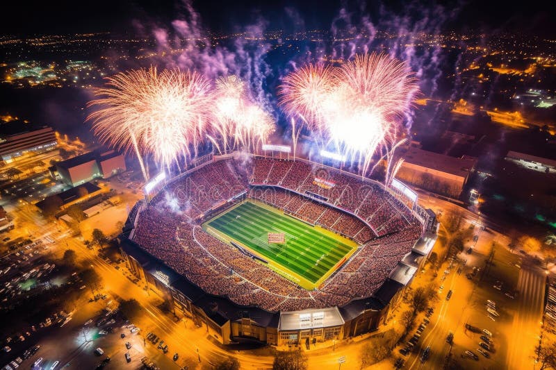 Aerial View of Fireworks Display Over a Stadium Stock Illustration ...