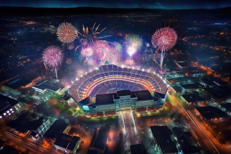 Aerial View of Fireworks Display Over a Stadium Stock Illustration ...