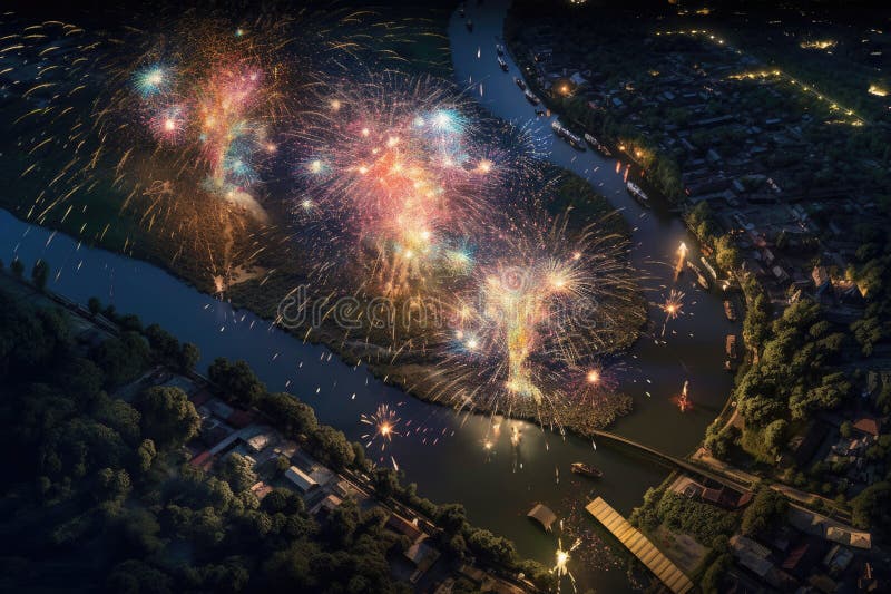 Aerial View of Fireworks Exploding Over a River Stock Illustration ...