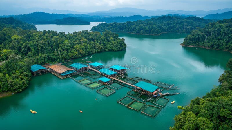 Aerial View of Fish Farm Structures in a Lush Green Lake Stock Photo ...
