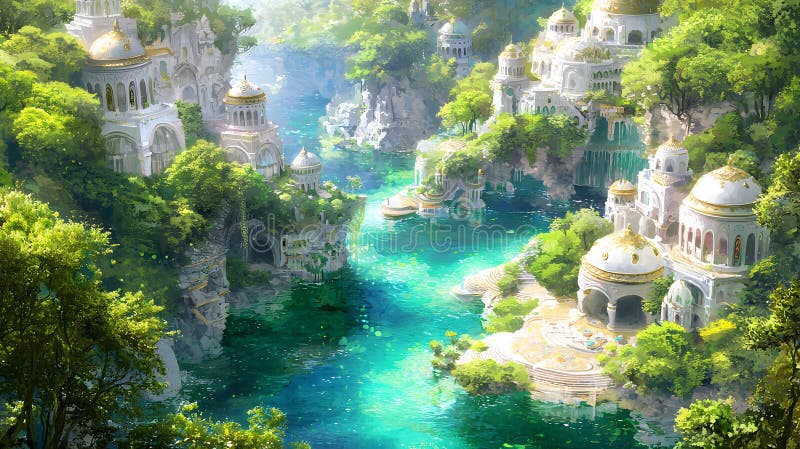 Enchanting River Cityscape Lush Greenery White Architecture Fantasy ...