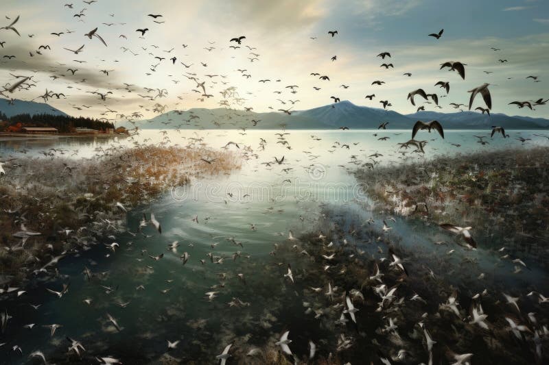 Aerial View of Flock of Birds Taking Flight during a Tsunami Stock ...
