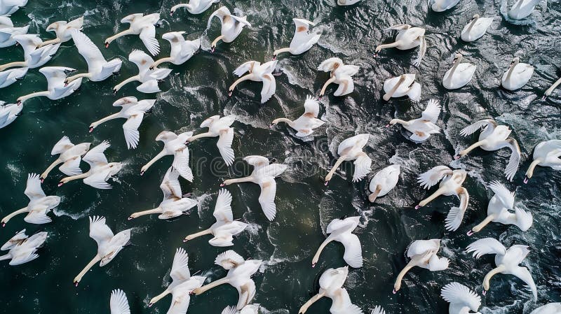Aerial View of Flock of Swans,Graceful Aerial Flock: Serene Swans Seen ...