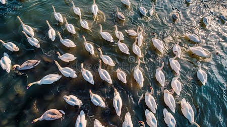 Serene Swans Seen from Above, Aerial View Flock of Swans Gliding on ...