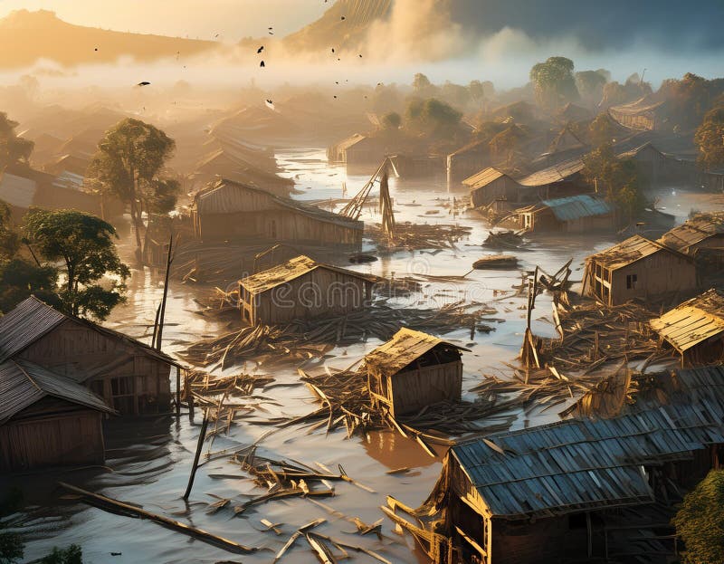 Aerial View of Flood and Natural Destruction Stock Illustration ...