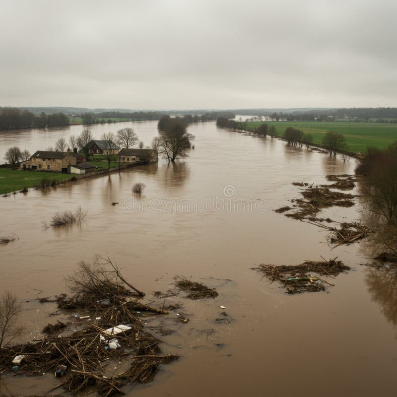 Aerial View of a Flooded River Valley Stock Illustration - Illustration ...