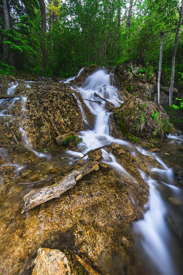 Aerial View of Flowing Waterfall Falling from Rocks Surrounded by Dense ...