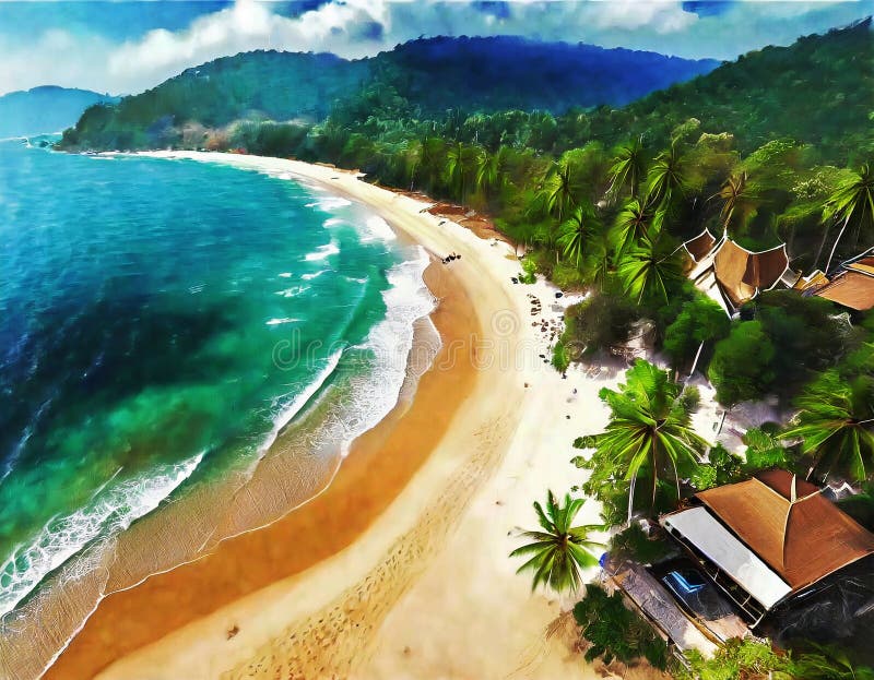 Aerial View from Flying Drone on Beach on Digital Art Concept ...