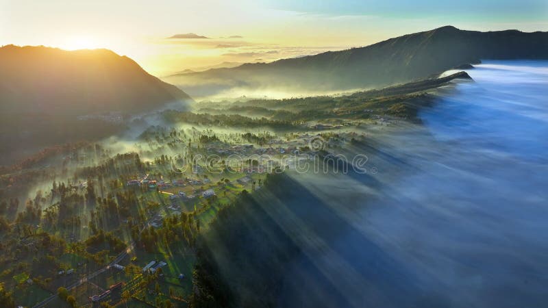 Aerial View Flying To Mount Bromo at Sunrise, Active Volcano Above Sea ...