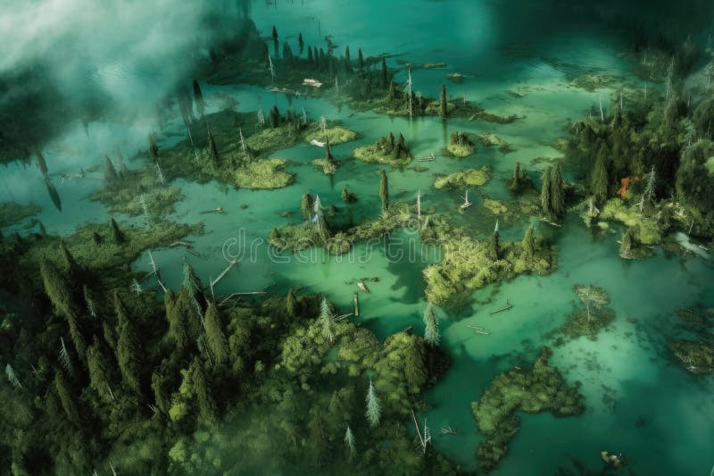 Aerial View of a Forest Being Submerged by Tsunami Waters Stock ...