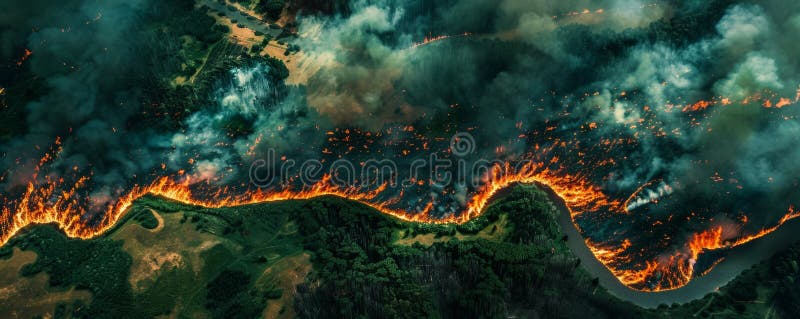 Aerial View of Forest Fire Along River, Dramatic Landscape ...