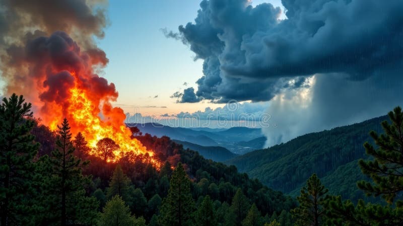 Aerial View of Forest Fire during Daytime on the Left. Large Rain ...