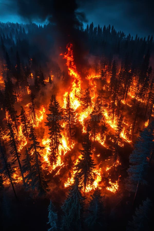 Aerial View Forest Fire Night Flames Stock Illustration - Illustration ...