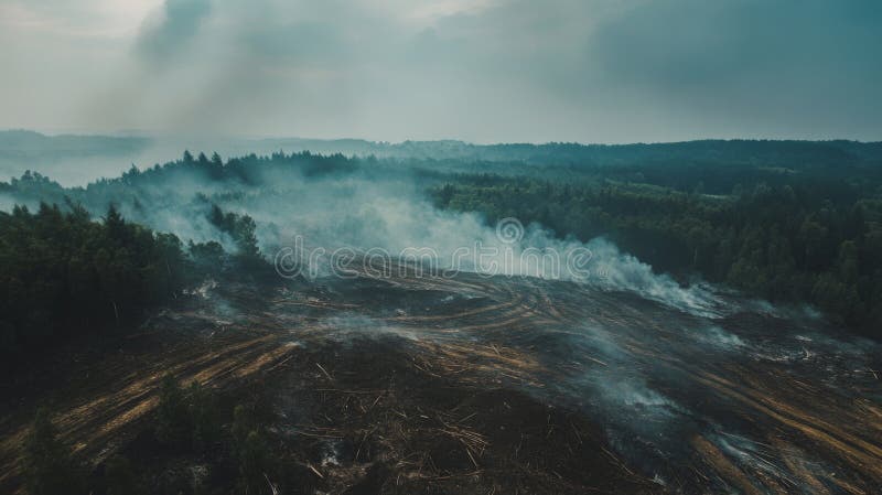 Aerial View of a Forest Fire with Smoke Rising from the Burned Ground ...