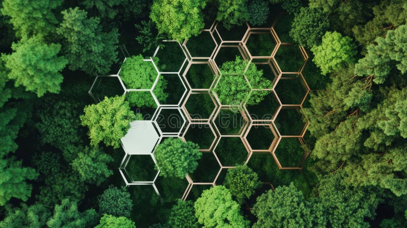 Aerial View of Forest with Hexagonal Structures Blending into Trees ...