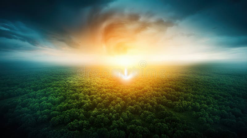 Aerial View of Forest Illuminated by Bright Sunlight with a Tornado ...