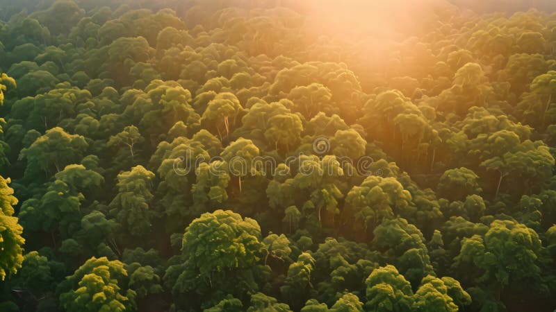 Aerial View of a Forest at Sunset with Majestic Sunrays Peeking through ...