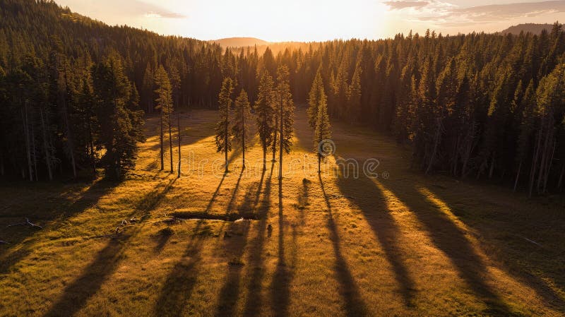 Aerial View of a Forest with Tall Trees Casting Long Shadows during ...