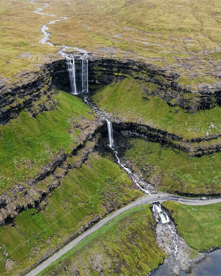 Aerial View of the Fossa Waterfall in the Faroe Islands Stock Image ...