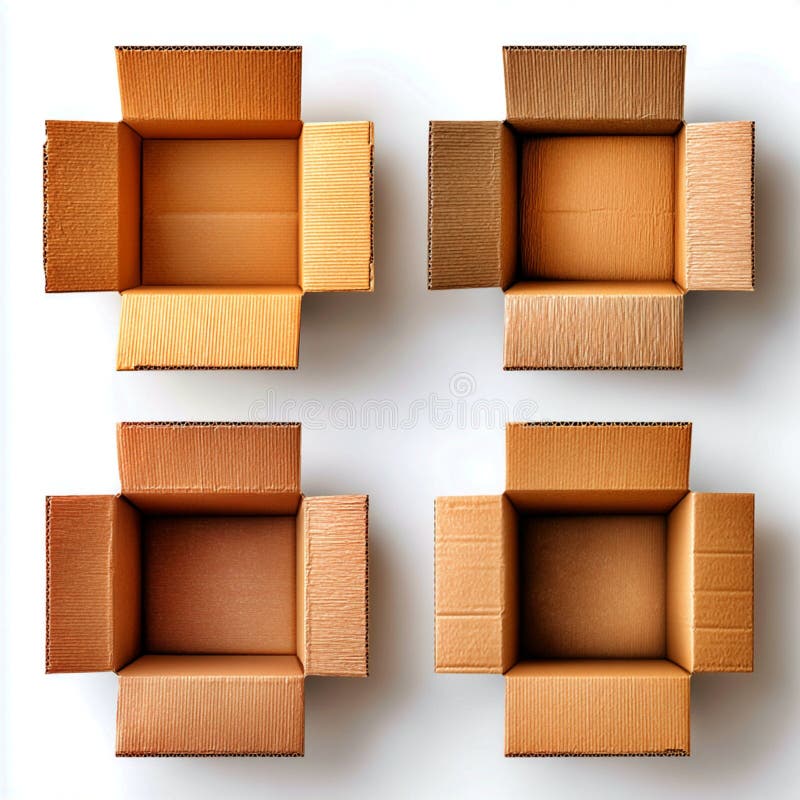 Aerial View of Four Open Cardboard Boxes on a White Background Stock ...
