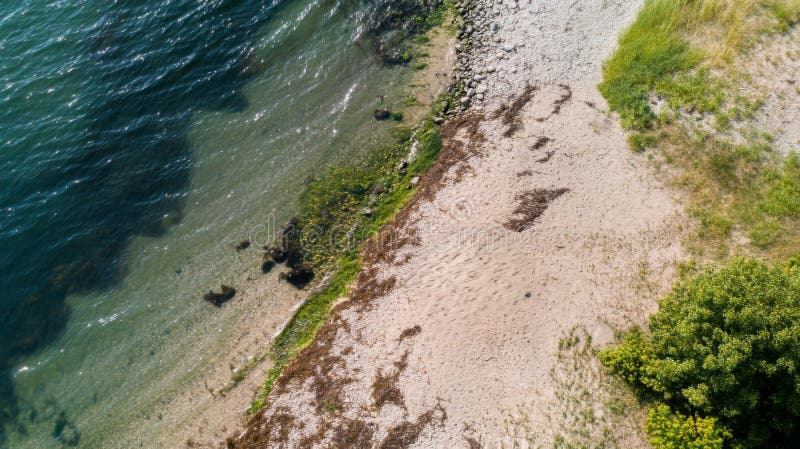 Aerial View of Four People Walking Along a Sandy Beach by the Ocean ...
