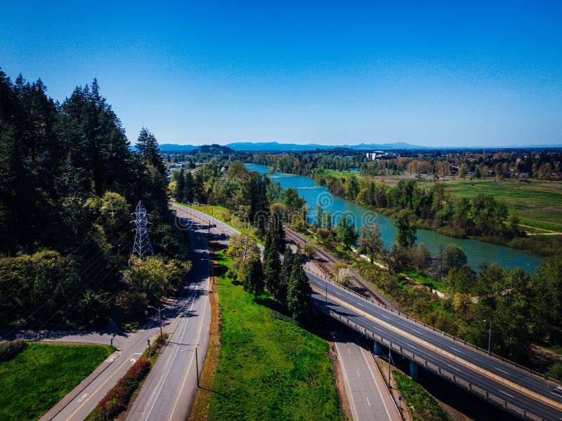 Aerial View of a Freeway Bridge Crossing Over a River in Eugene Stock ...
