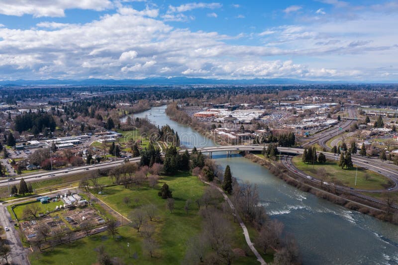 Aerial View of a Freeway Bridge Crossing Over a River in Eugene Stock ...