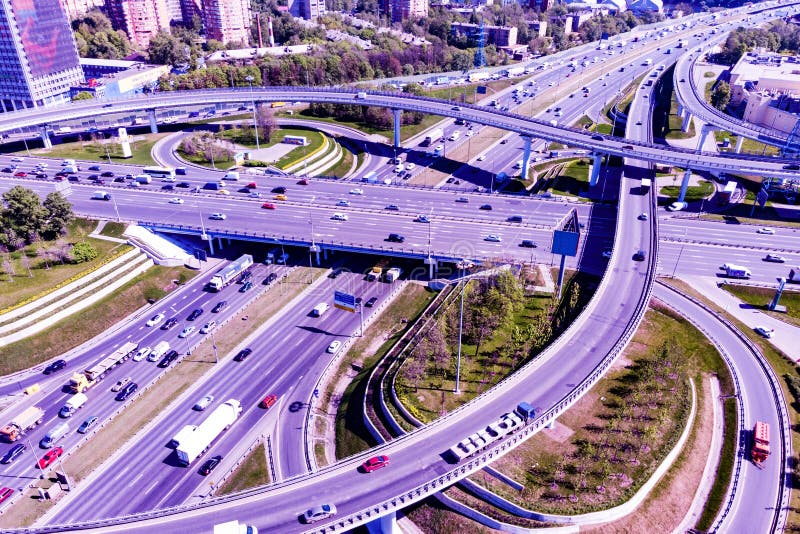 Aerial View of a Freeway Intersection. Road Junctions in a Big City ...