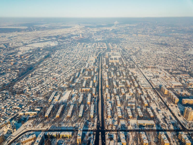 Aerial View of a Freeway Intersection Snow-covered in Winter. Stock ...