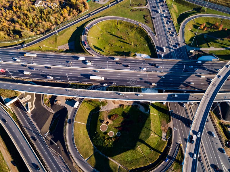 Aerial View of a Freeway Intersection Traffic Trails in Moscow. Stock ...