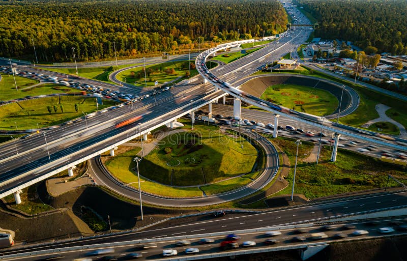 Aerial View of a Freeway Intersection Traffic Trails in Moscow Stock ...