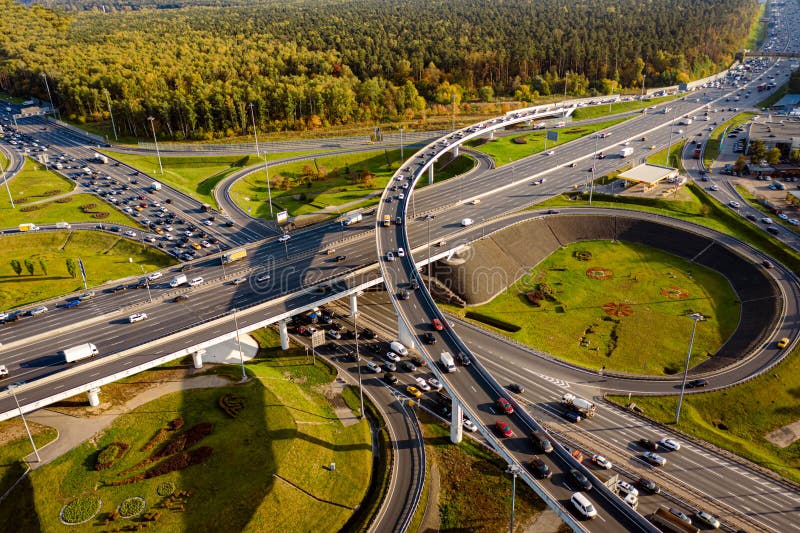 Aerial View of a Freeway Intersection Traffic Trails in Moscow Stock ...