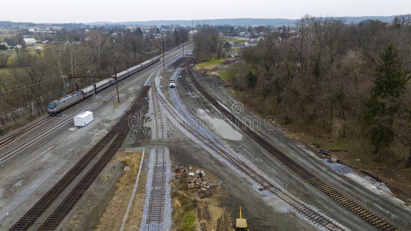 Aerial View of a Freight Rail Road Freight Yard Under Construction ...