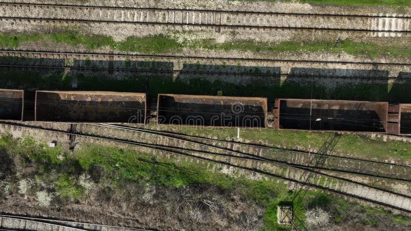 Aerial View of a Freight Train with Empty Containers. Empty Wagons of a ...