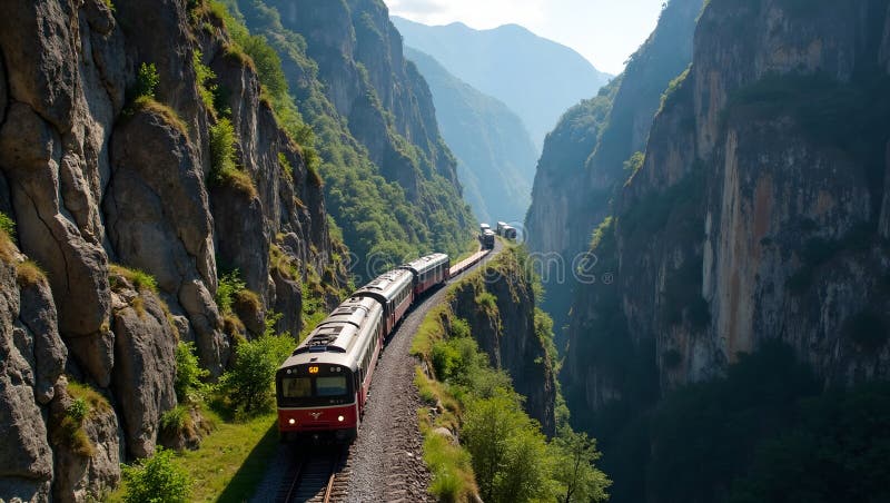 Aerial View of Freight Train in Mountain Pass with Cliffs and Drop ... Aerial View of Freight Train in Mountain Pass with Cliffs and Drop ...