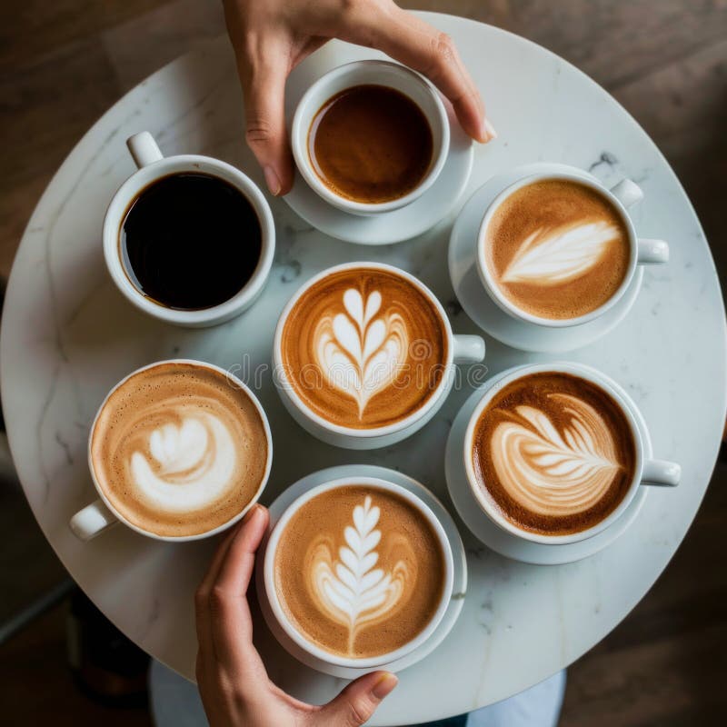 Aerial View of Friends Sharing Various Artistic Coffee Cups on a Round ...