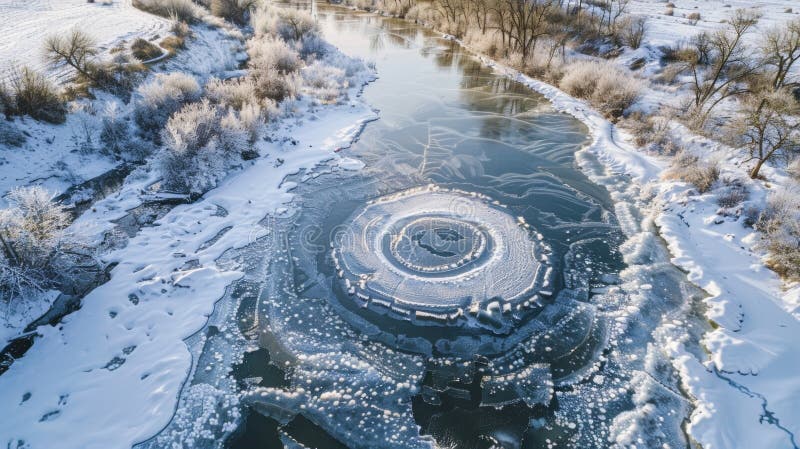 An Aerial View of a Frozen River with Natural Ice Disks Spinning in the ...