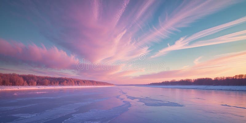 Aerial View of a Frozen River at Sunset in Winter. Stock Photo - Image ...